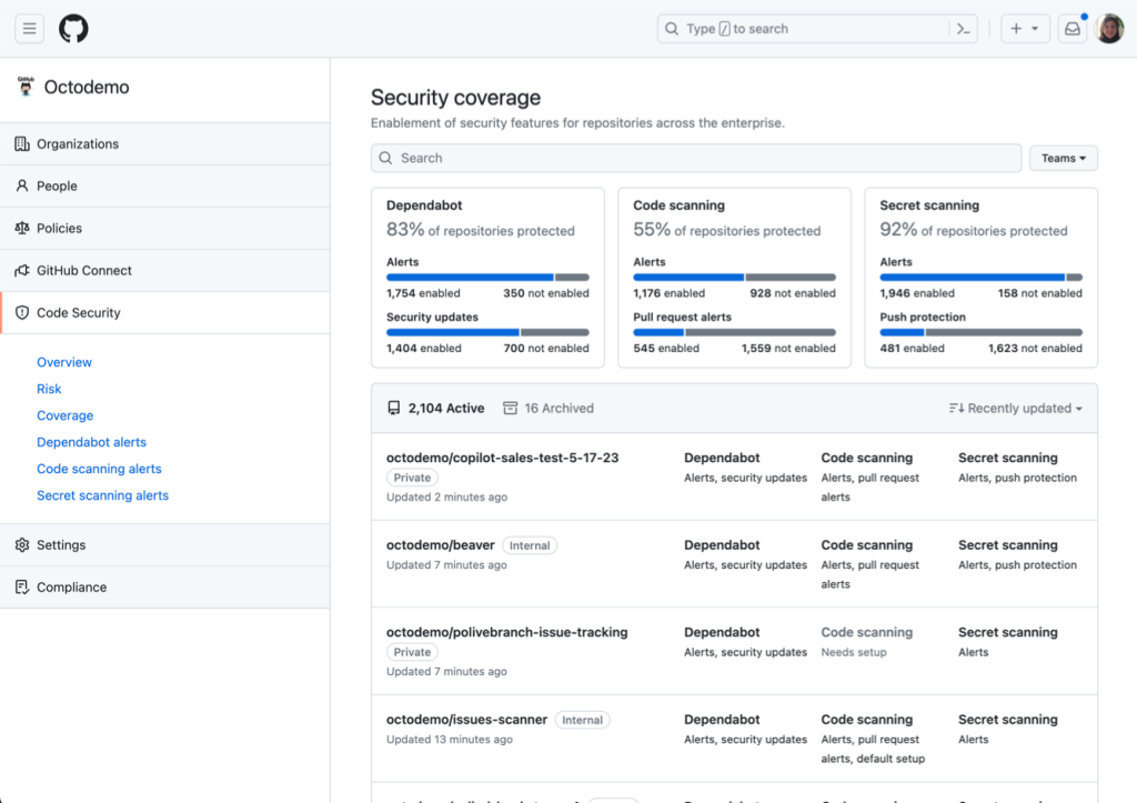Risk and coverage views on the Code Security tab for enterprises (public beta) - GitHub Changelog