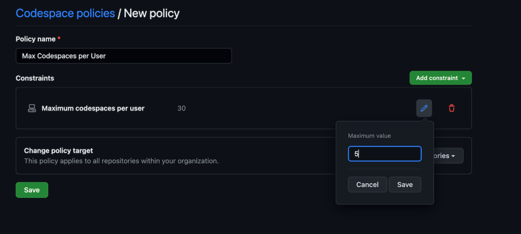 Maximum Codespaces per User Policy - GitHub Changelog