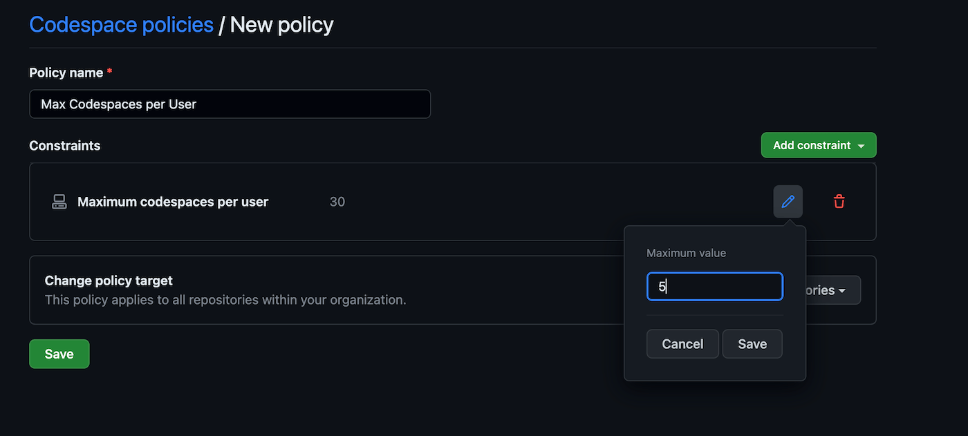 Maximum Codespaces per User Policy - GitHub Changelog