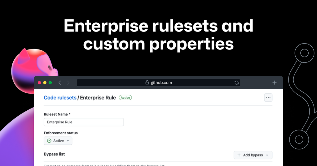 Enterprise custom properties, enterprise rulesets, and pull request merge method rule are all ...