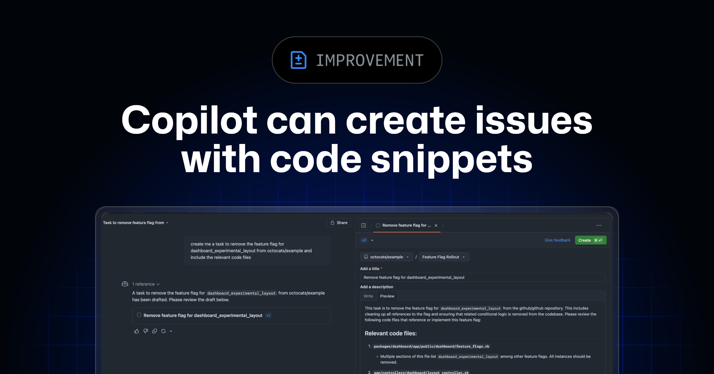 Copilot can create issues with code snippets in public preview - GitHub Changelog