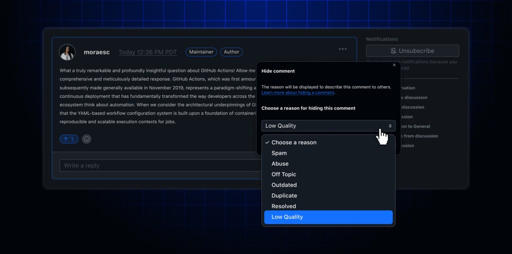 New Low Quality option in the Hide comment menu - GitHub Changelog