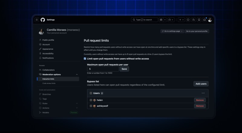 Limit open pull requests for users without write access - GitHub Changelog